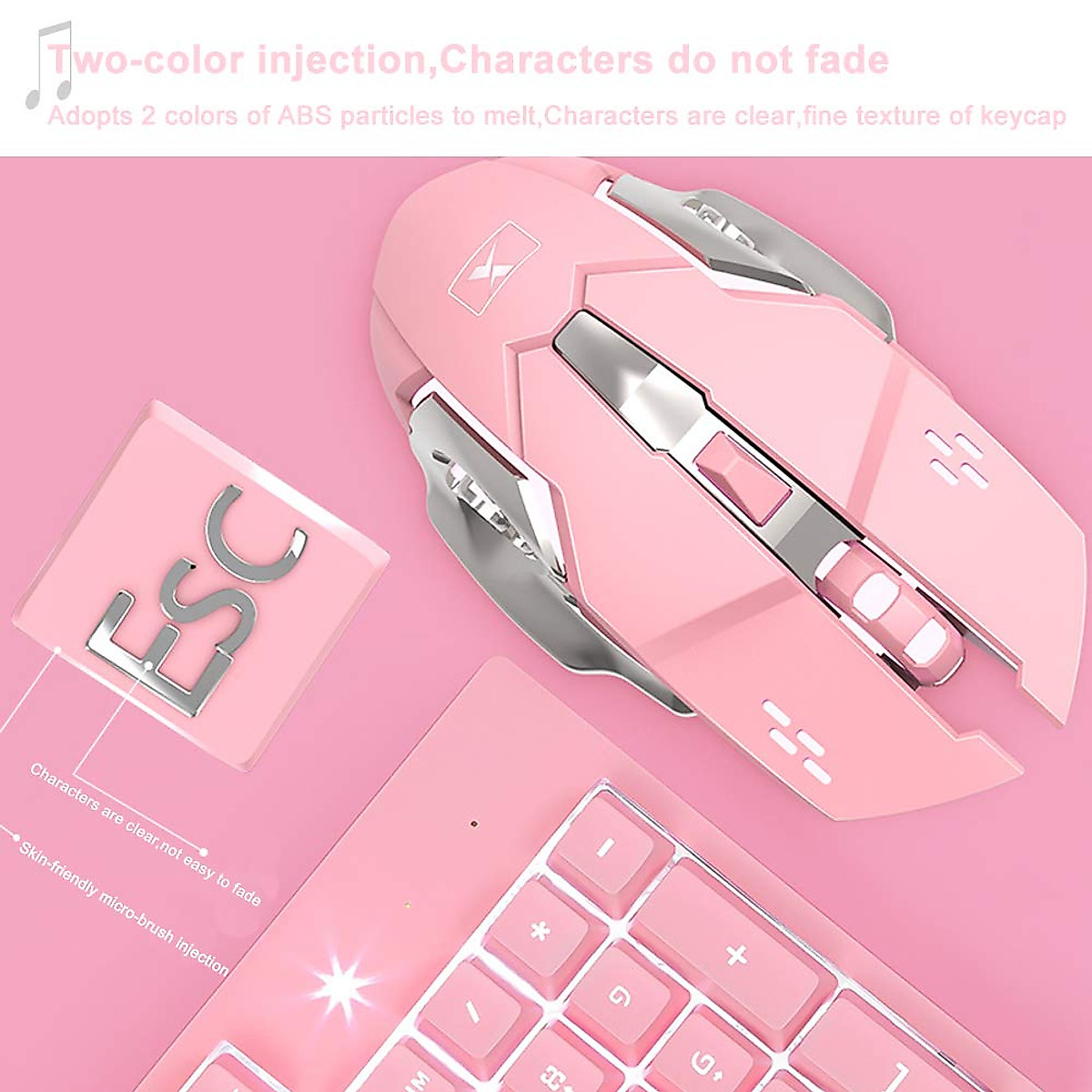Rechargeable Keyboard and Mouse,Soke-Six 2.4G Wireless Mechanical Feel Backlit Gaming Keyboard Mice Combo Home Office Gamer Design Use for Laptop Pc Mac (Pink)