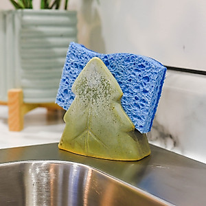 Creative Co-Op 4" L x 2-1/4"W x 4" H Stoneware Christmas Tree Sponge Holder, Reactive Glaze, Green (Each One Will Vary) Entertaining Tools, Multi