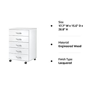 TUSY 5-Drawer Chest, Storage Dresser Cabinet with Wheels, White