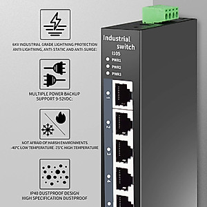 5-Port Hardened Industrial DIN-Rail Switch Network Switch (-40 to 70 ºC),5 x 100Mbps Ports,1Gbps Switching Capacity,DIN-Rail Included, Lifetime Protection