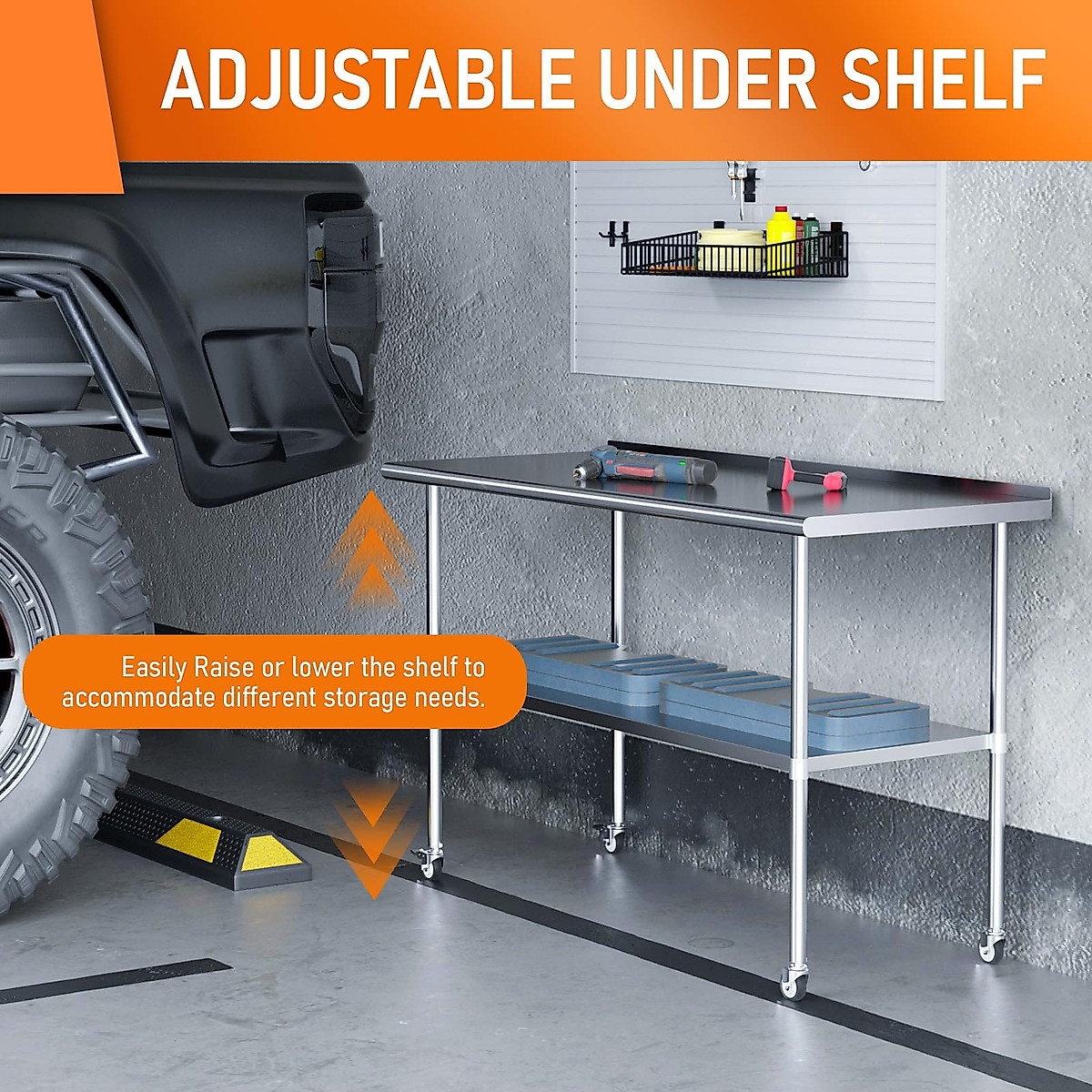 HOCCOT Stainless Steel Prep & Work Table with Adjustable Shelf, with Backsplash and Wheels, Kitchen Island, Commercial Workstations, Utility Table in Kitchen Garage Laundry Room Outdoor BBQ, 24" X 60"