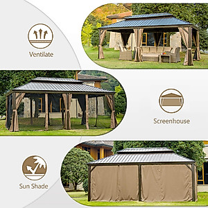 Domi Outdoor Living 14’ X 20’ Hardtop Gazebo, Outdoor Aluminum Frame Canopy with Galvanized Steel Double Roof, Outdoor Permanent Metal Pavilion with Curtains and Netting for Patio, Backyard and Lawn