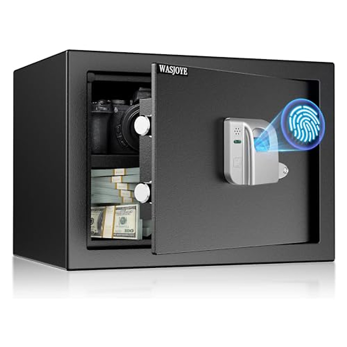 Safe Box, WASJOYE 1.0 Cu ft Biometric Fingerprint Safe Box Fireproof Safe with Finger Identification Key-Lock for Home Office Hotel Valuables Gun Safe Storage