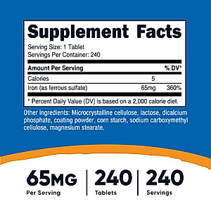 Nutricost Iron (As Ferrous Sulfate) 65mg, 240 Tablets - Non-GMO, Gluten Free