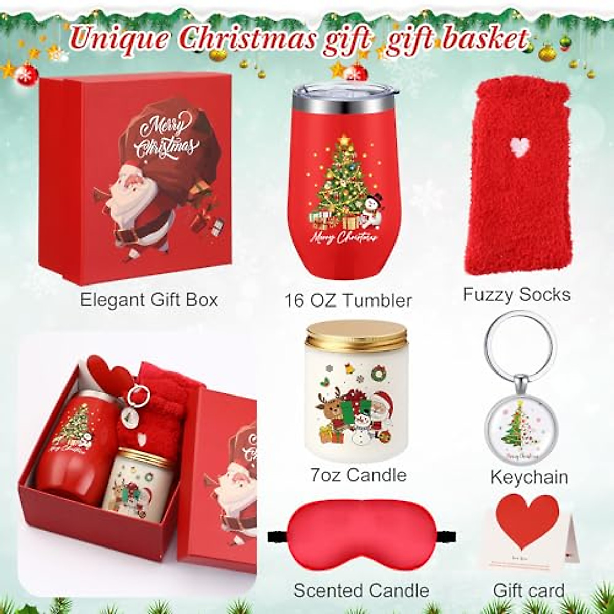 Tiangrid 7 Pieces Christmas Gifts for Women Xmas Basket Gift Boxes Coworkers Christmas Gifts Idea Thank You Gifts Scented Candles 16 oz Insulated Tumbler Gifts for Women,Mom Wife Sister Her