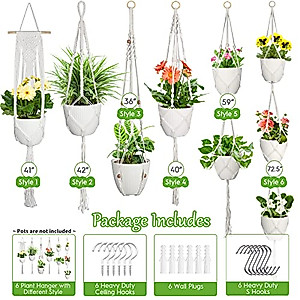 Macrame Plant Hangers - 6 Pack Indoor Hanging Plant Holder - Different Tiers Handmade Macromay Cotton Rope Hanging Planters Set, for Indoor Outdoor Boho & Home Decor