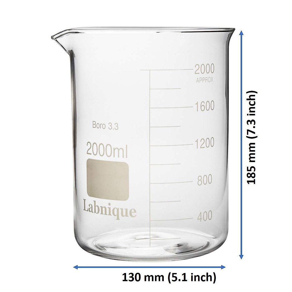 Labnique Borosilicate 3.3 Glass Griffin Beaker, Low Form with Printed Graduation, 2000ml / 2L