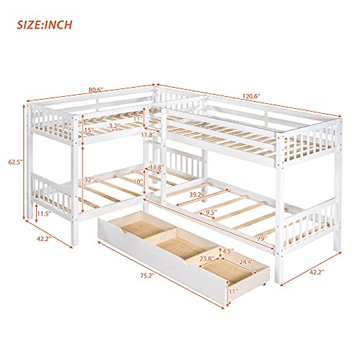 RORIGAT Twin Over Twin Quad Bunk Bed with Trundle Bed, L-Shape Bunk Bed for 4 with Ladder, Wooden Corner Bunk Bed for 4 Kids Boys Girls Teens,Gray