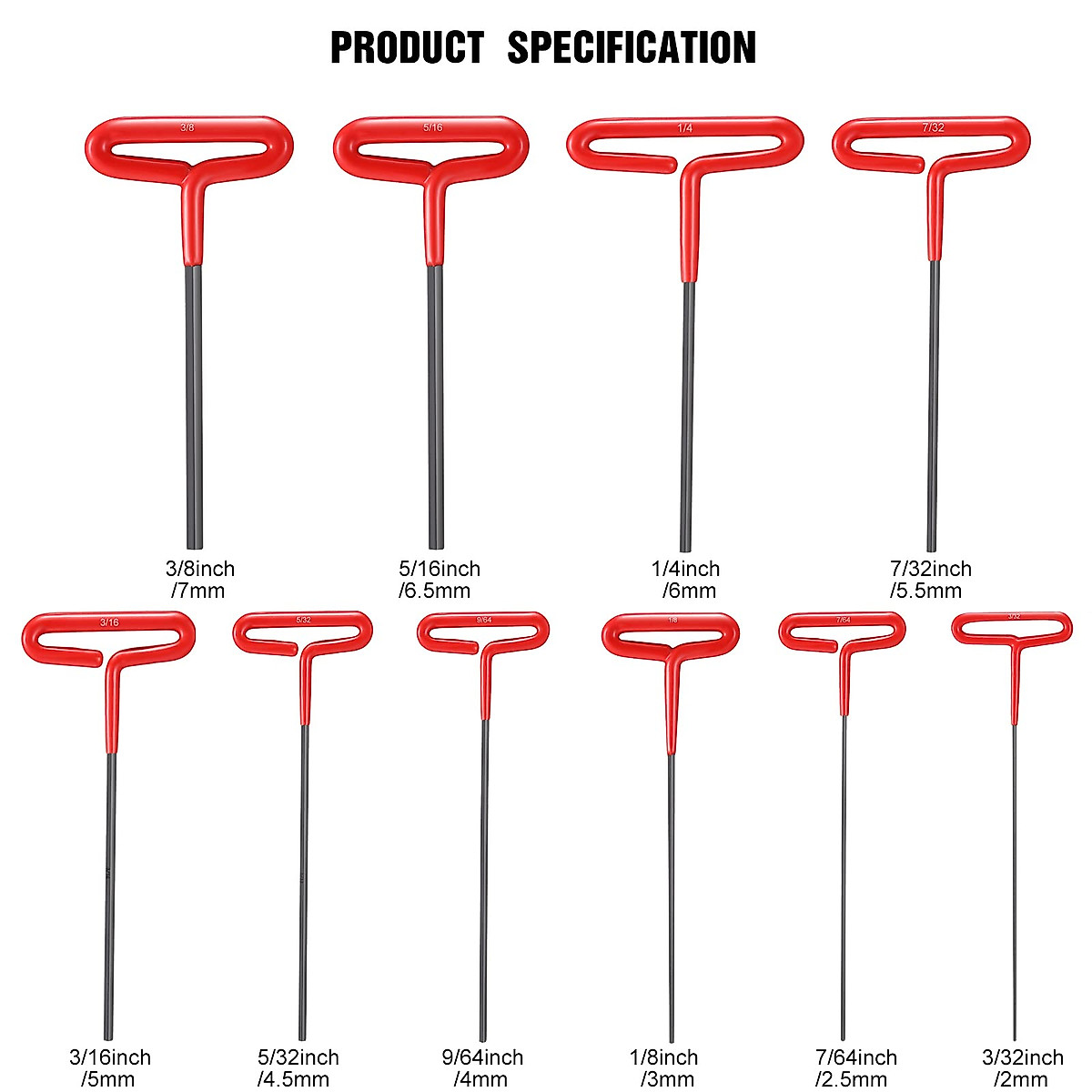 Honoson 10 Pieces T-handle Hex Key Set Hex Key Kit Sizes 3/32, 7/64, 1/8, 9/64, 5/32, 3/16, 7/32, 1/4, 5/16, 3/8 Inches