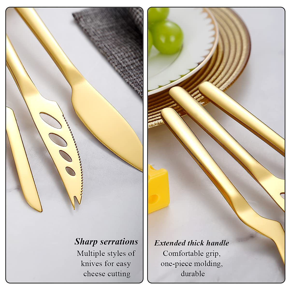 Kyraton Gold Cheese Knife Set of 3, Ergonomic Design Titanium Golden Plated Cheese Slicer, Butter Knife Spreader, Cheese Cutter, Cheese Knives for All Type of Cheese