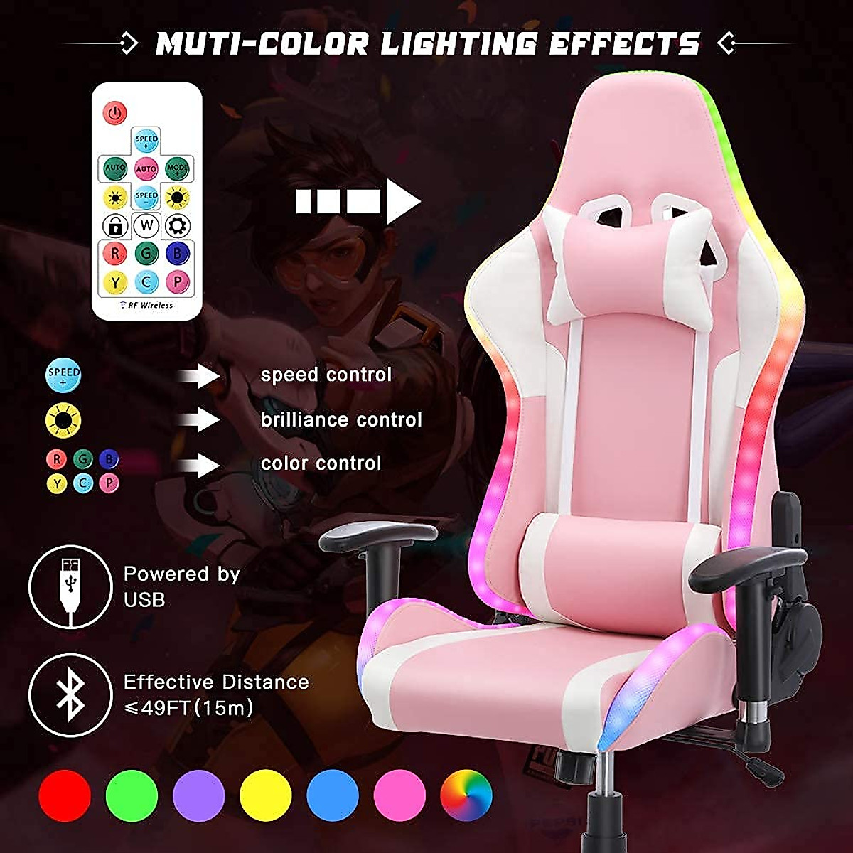 Gaming Chair with Bluetooth Speakers RGB LED Lights, Music Video Game Chair, Ergonomic PU Leather High Back Computer Chair, Adjustable Reclining Racing Office Swivel Chair for Adult Teens, Pink