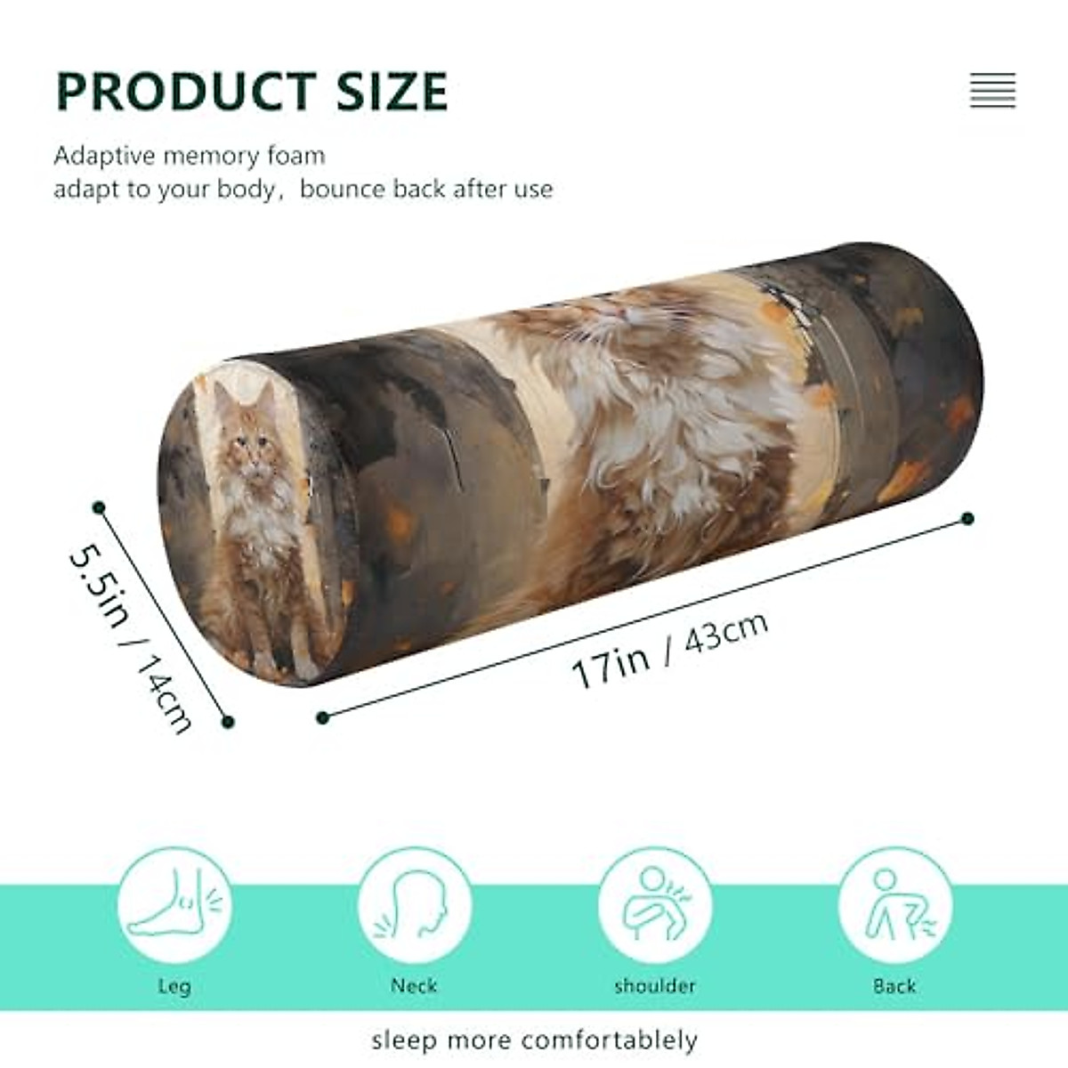 xigua Cat Neck Roll Pillow for Neck Relief with Removable Washable Cover - Memory Foam Round Cylinder Bolster, Ergonomically Designed for Head, Neck, Back, and Legs