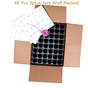48 Pcs Glass Spice Jars with Labels and Black Lids 4oz Spice Container Set Seasoning Bottles with Blank and Printed Labels, Shaker Lids, Collapsible Funnel and Brush Included