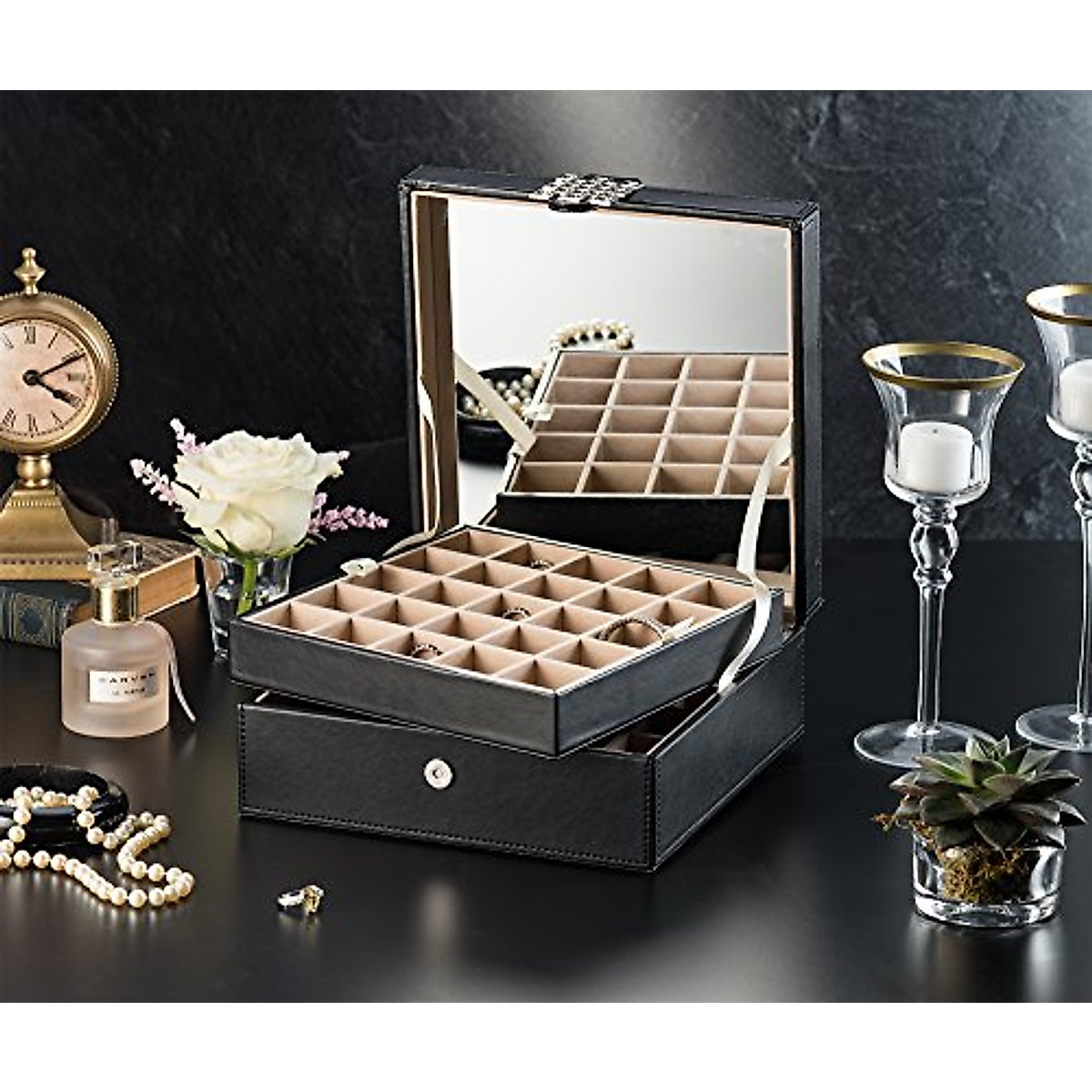 Glenor Co Classic 50 Slot Jewelry Box Earring Organizer with Large Mirror, Black