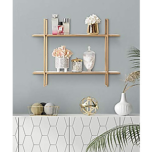 Kate and Laurel Leigh Wood and Metal Wall Shelf, 30" x 24", White and Gold, Unique Modern Glam Home Decor with Efficient Storage Shelves for Smaller Spaces