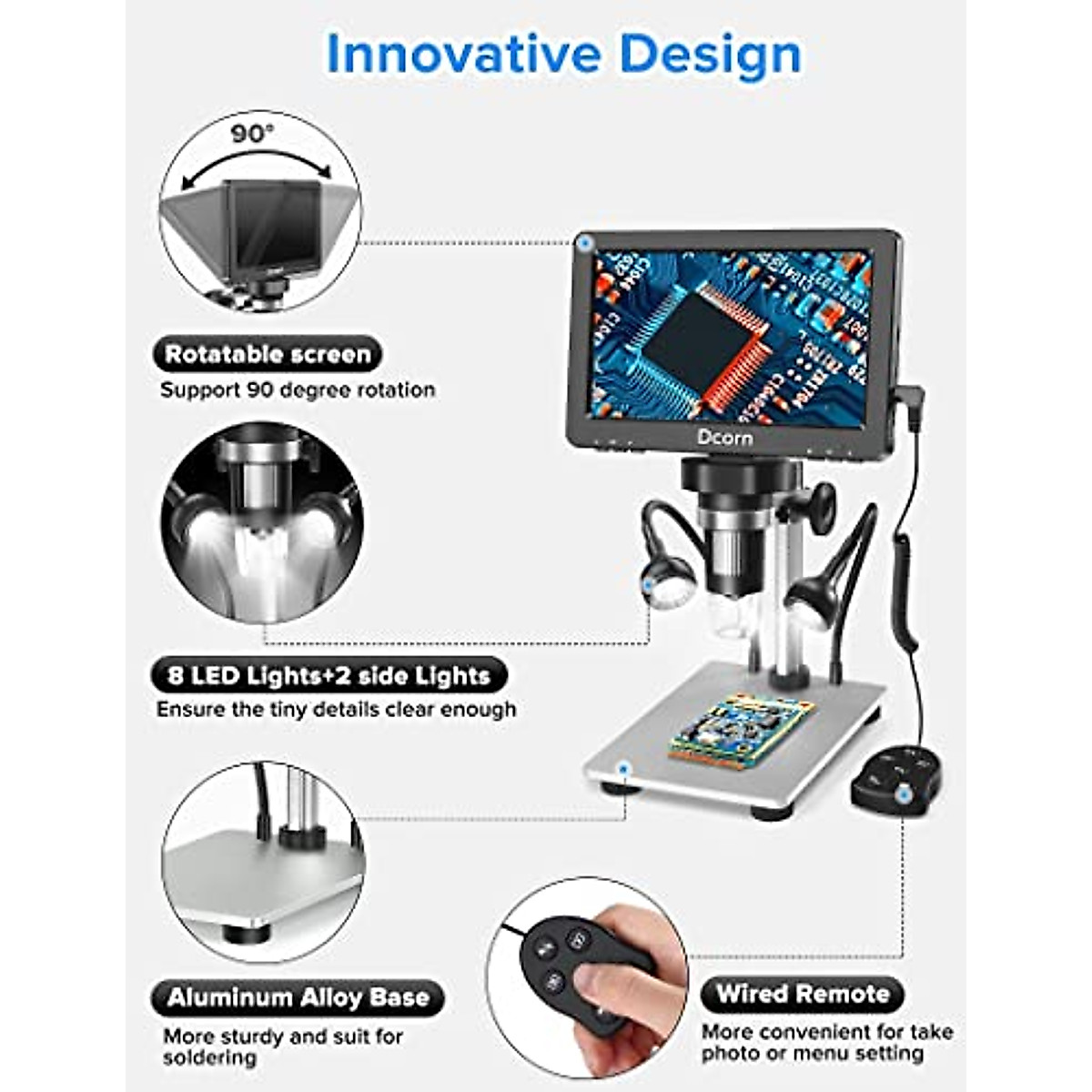 7'' Digital Microscope 1200X,Dcorn 12MP 1080P Photo/Video Microscope with 32GB TF Card for Adults Soldering Coins,Metal Stand,Wired Remote,10 LED Fill Lights,PC View,Windows/Mac Compatible