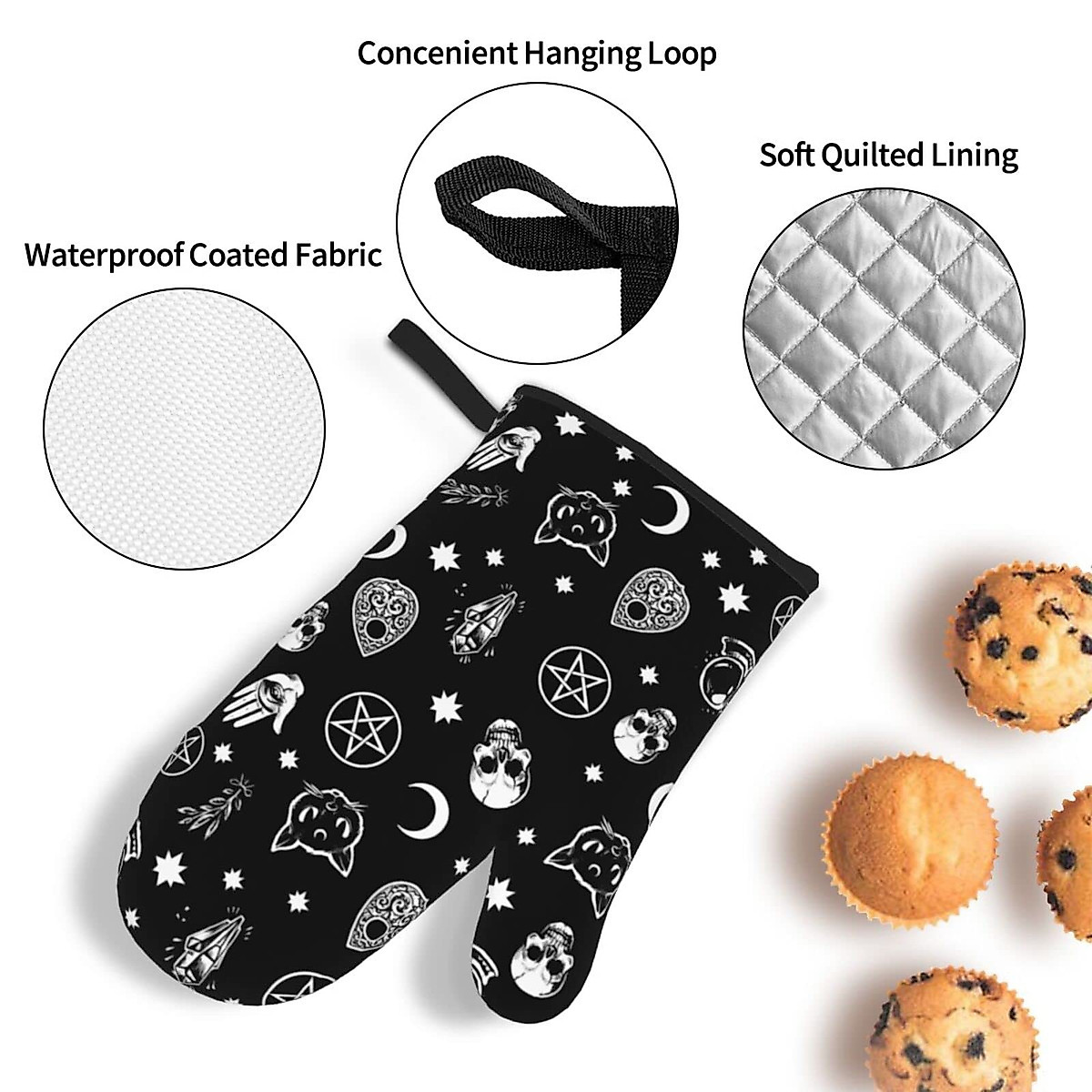Skull Cat Moon Gothic Pattern Oven Mitts and Pot Holders 4 Pcs Sets Heat Resistant Gloves for Kitchen BBQ Cooking Baking Grilling