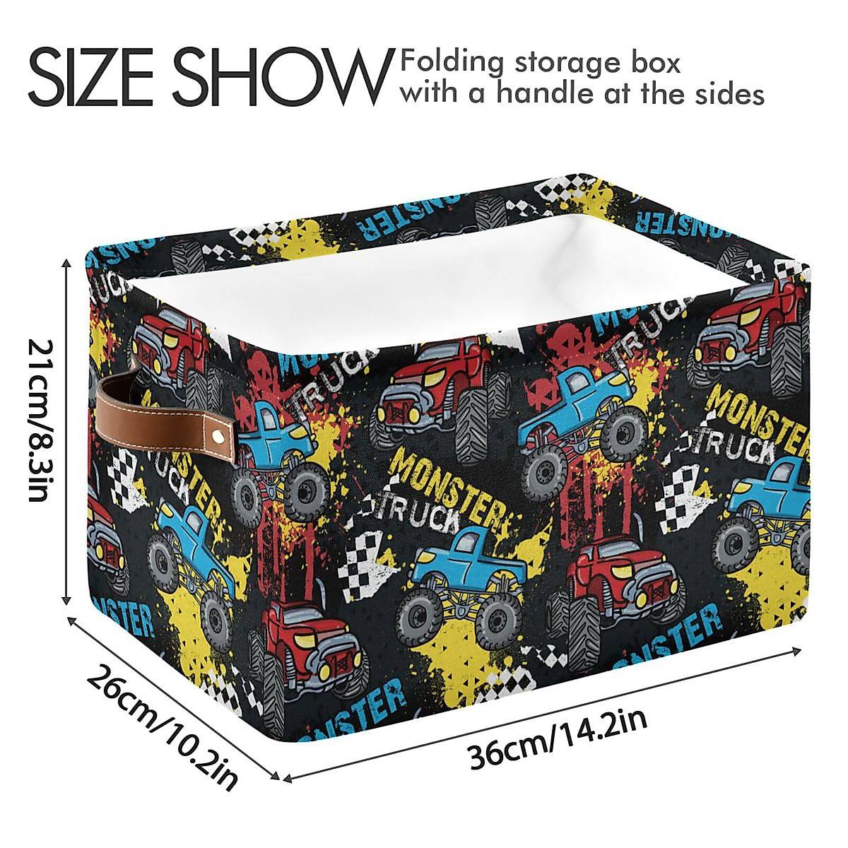 Monster Truck Black Red Blue Storage Basket Fabric Toy Baskets Racing Cars Boys Open Home Storage Bins Boxes Foldable Organizer Bag for Toy Book Shelf Closet Baskets 16×12×8 Inches