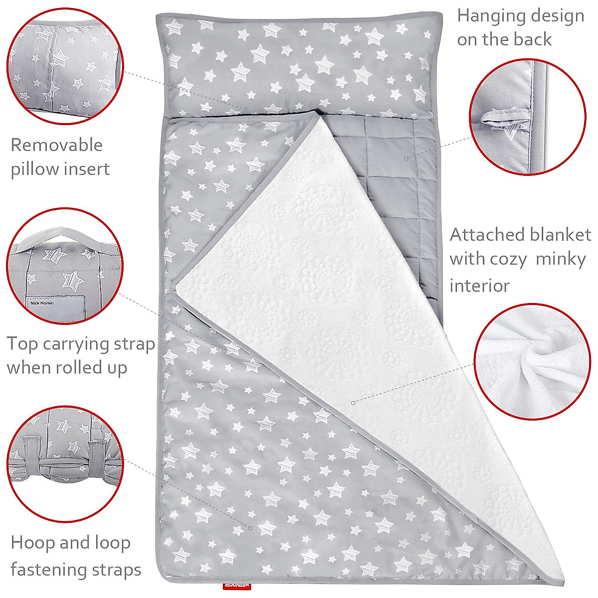 Moonsea Toddler Nap Mat with Removable Pillow and Fleece Minky Blanket, Lightweight, Soft Perfect for Kids Preschool, Daycare, Travel Sleeping Bag Boys and Girls, 21" x 50" Fit Standard Cot