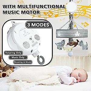FEISIKE Crib Mobile for Boys,3 Modes Musical Crib Toy,12 Lullabies,Volume Control(Level 0-100),Gray,Claw Type Fit Crib and Bassinet,Dinosaur Jurassic Theme Toys