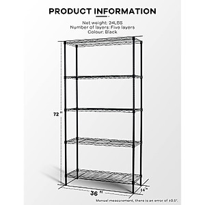 5-Tier Storage Shelves Adjustable,Wire Shelving Heavy Duty Storage Rack(250 Lbs Loading Capacity/Shelf) Metal Shelf Organizer Wire Rack Shelf for Pantry Garage Kitchen 36" D x14 W x 72" H -Black