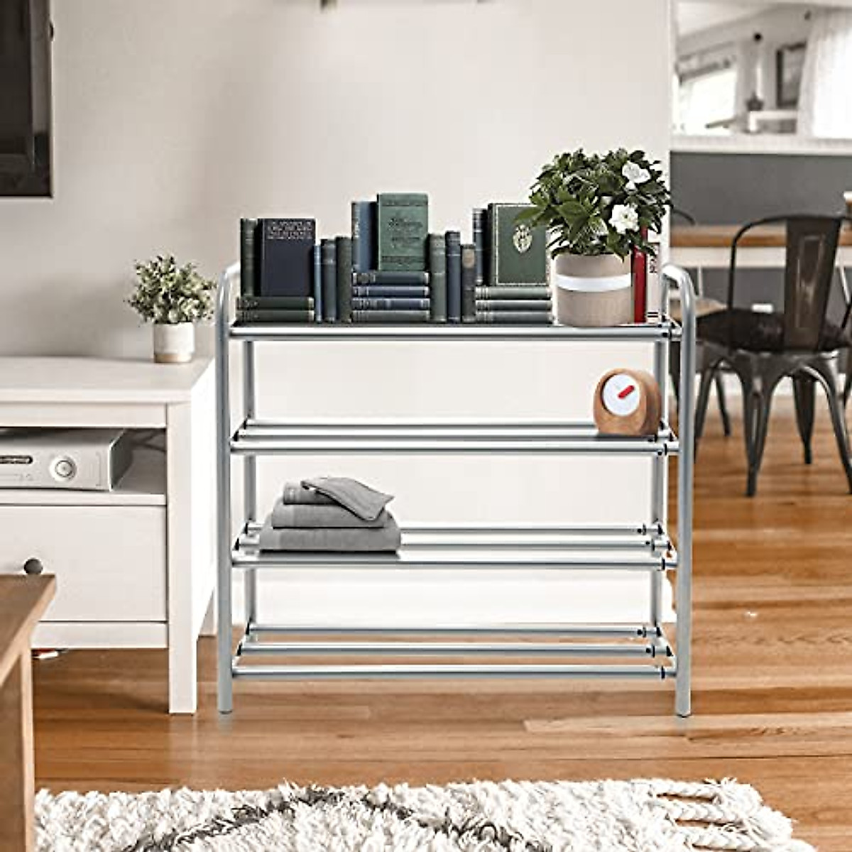 GUANJUNE 4 Tier Extendable Shoe Rack Organizer,Heavy Duty Metal Shelf Organize Holds Upto 20 Pairs Shoes,Space Saver Rack for Wardrobe