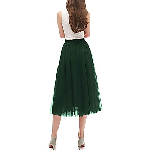OBBUE Women's A Line Tulle Party Evening Tutu Skirts Tea Length Dark Green-L/XL
