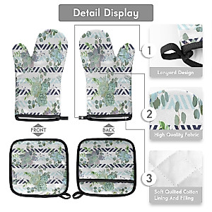 Plant Green Flowers Oven Mitts and Pot Holders Sets of 2 Heat Resistant Non-Slip Kitchen Gloves Hot Pads with Inner Cotton Layer for Cooking BBQ Baking Grilling
