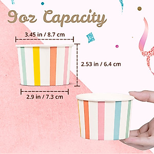 MATICAN Paper Ice Cream Cups, 100-Count 9-Oz Disposable Dessert Bowls for Hot or Cold Food, 9-Ounce Party Supplies Treat Cups for Sundae, Frozen Yogurt, Soup, Pastel Colored Stripes
