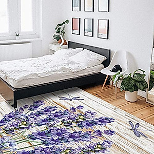 Indoor Area Rug 2' x 3' Purple Floral Lavender Dragonfly, Non-Slip Floor Rugs for Living Room/Bedroom/Baby Room/Nursery, Throw Carpet Floor Modern Home Decor Retro Country Wooden Board