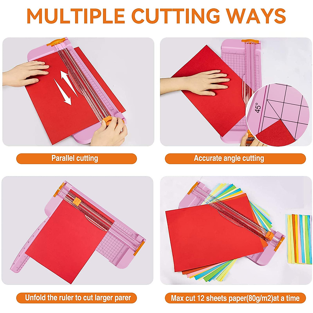 Paper Cutter 12 Inch Titanium Paper Trimmer Scrapbooking Tool with Automatic Security Safeguard and Side Ruler for A4, Craft Paper, Label, Photo and Cardstock (Pink)