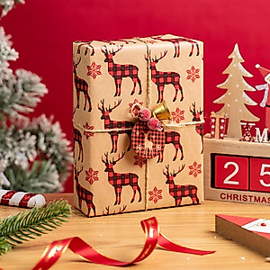 LeZakaa Christmas Kraft Wrapping Paper - Mini Roll - Reindeer/Buffalo Plaid with Snowflake/HOHOHO Lettering for Gift Wrap, Arts Crafts - 17 x 120 inches - 3 Rolls (42.5 sq.ft.ttl.)