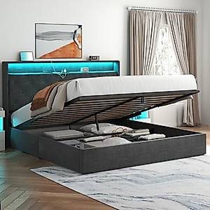Loomie King Lift Up Bed Frame with Charging Station & LED Lights, Upholstered Bed with Button Tufted Wingback Storage Headboard, Hydraulic Storage, No Box Spring Needed, Wood Slats Support,Dark Grey