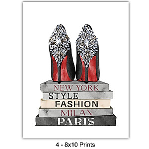 Designer Wall Art & Decor - Glam Living room Wall Decor - High Fashion Wall Decor - Glamour Wall Art - Luxury Wall Decor - Bedroom Decor for Women Girls Teens - Luxury Gifts - Red Roses Books Shoes