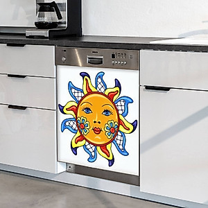 Dishwasher Magnet Cover Mexican Sun with Ornamental Flowers Traditional Decorative Object Magnetic Refrigerator Stickers Decorative Appliance Cover Fridge Panels Metal Door Garage 23x26in
