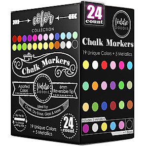 Loddie Doddie Liquid Chalk Markers | Dust Free Chalk Pens - Perfect for Chalkboards, Blackboards, Windows and Glass | 6mm Reversible Bullet & Chisel Tip Erasable Ink (Pack of 24)