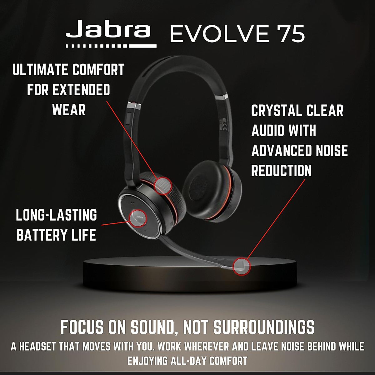 Jabra Evolve 75 Bluetooth Headset Bundle, Wall Charger, USB Dongle 7599-832-109-B, Pc, Mac, Compatible for Dragon, Softphones, Mobile, Tablet, Microsoft Certified, Skype, Cisco, Avaya