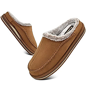 KuaiLu Mens Memory Foam Clog Slippers Comfy Handmade Stitch Microsuede Slip-on House Shoes With Arch Support Warm Faux Fur Lined Rubber Sole Indoor Outdoor Khaki Size 8.5