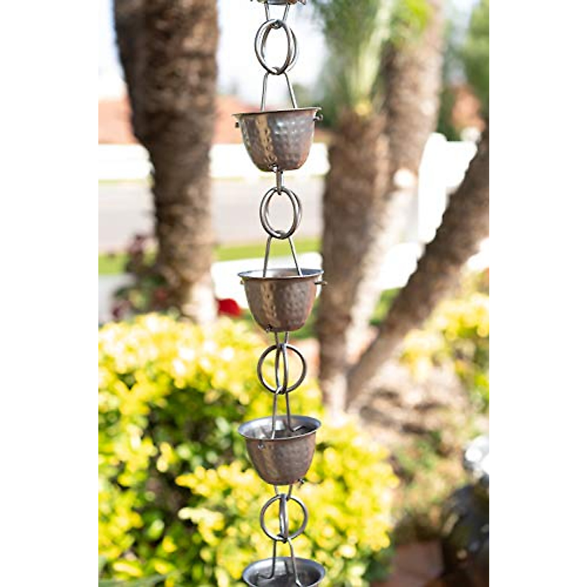 Monarch Rain Chains 50584 Aluminum Hammered Cup Rain Chain, 8-1/2 Feet Length Replacement Downspout for Gutters, 8.5', Pewter
