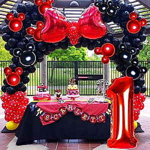 Cadeya Mouse Number 1 Birthday Balloons, 40”Black Red Aluminum Foil Balloons for Mouse Clubhouse 1st Birthday Party, Kids Theme Party Decoration Supplies