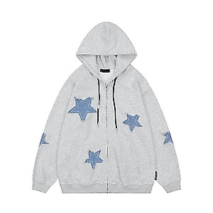 Y2K Hoodie Women Grunge Stars Zip Up Sweatshirt Acubi Emo Oversized Hooded Jacket Harajuku Pullover Alt Clothing (Gray,M)