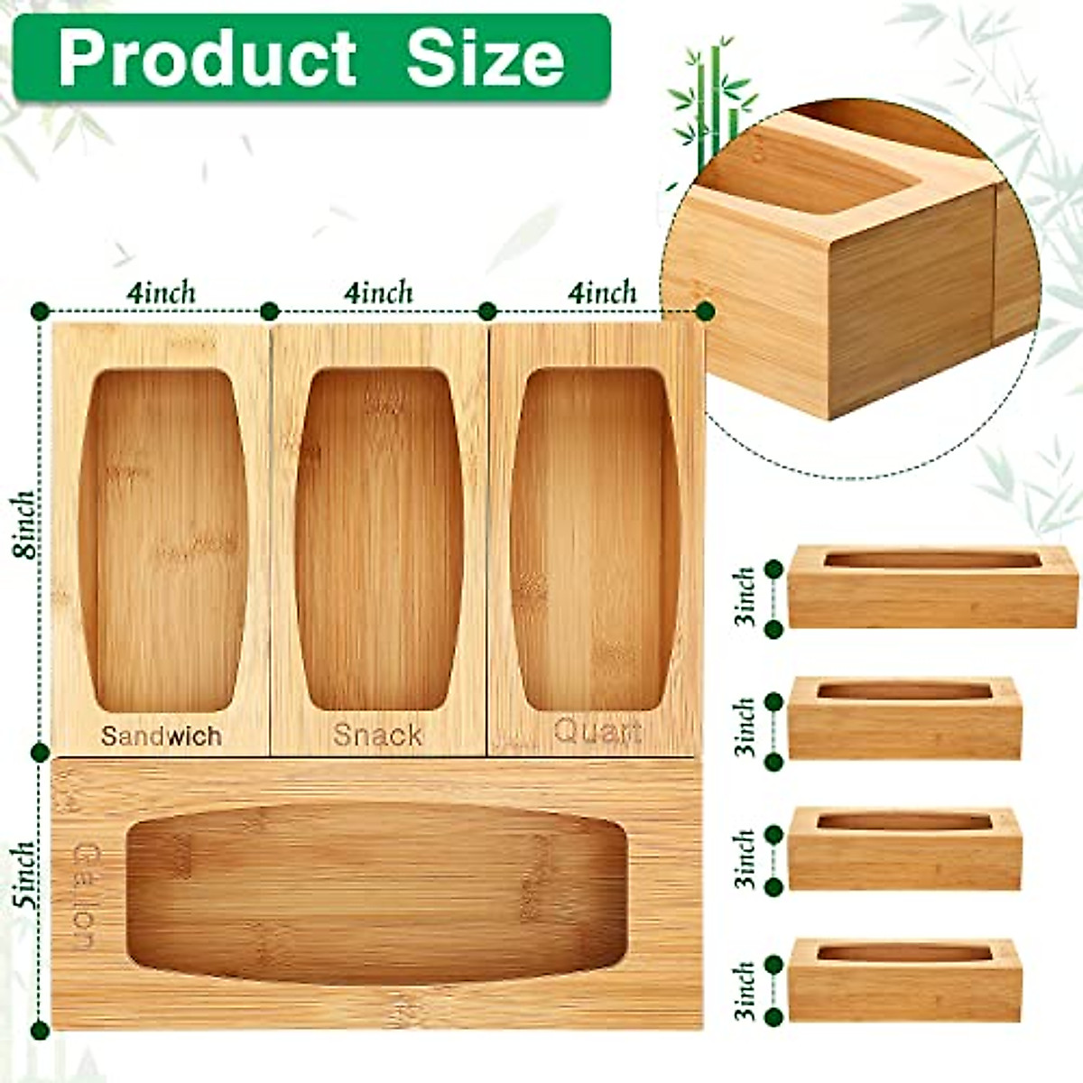 Food Storage Bag Organizer Holders Bamboo Kitchen Drawer Bag Storage 4 Pieces Separate Bag Storage Dispenser Bag Storage Box Suitable for Gallon, Sandwich, Quart, Candy and Snack Variety Size Bag