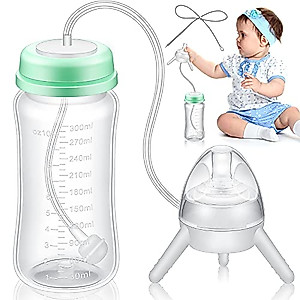 Nuanchu 10 Ounce Self Feeding Baby Bottle with Long Tube Straw Cute Leak-Proof Baby Feeder Bottle Imitation Milk Weaning Baby Supply (Mint Green)
