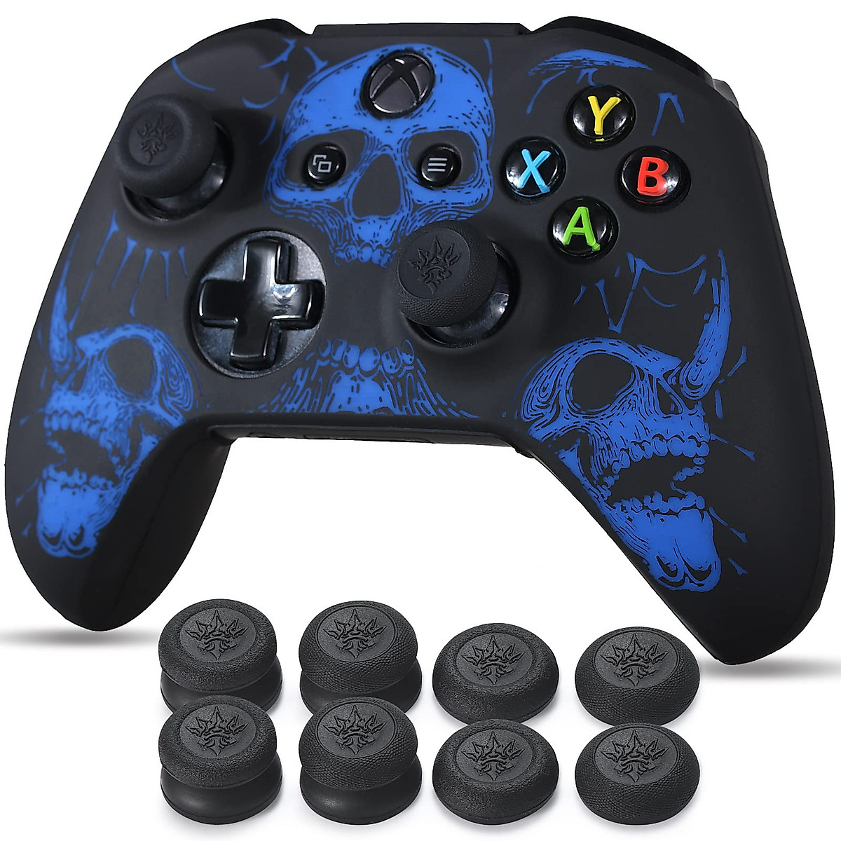 YoRHa Laser Carving Silicone Skin for Xbox One S/X Controller x 1(Skulls Blue) with Exclusive Thumb Grips x 8