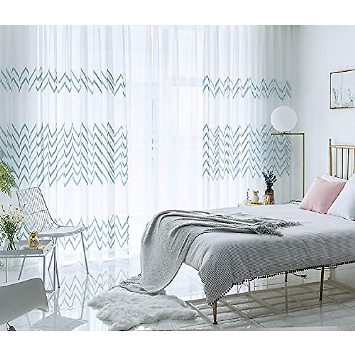 Nordic Sheer Curtains Window Treatments Rod Pocket Zig Zag Embroidery Drape for Living Dining Room Bedroom Doorway