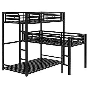 Gecheer L-Shaped Metal Triple Twin Size Bunk Bed, Black(Old SKU:SM000605AAB)