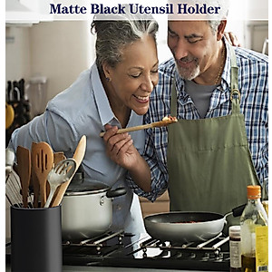 yuyuefourseas Matte Black Utensil Holder for Kitchen Counter, Ceramic Kitchen Utensil Crock for Countertop Easy to Clean, Modern Cooking Utensil Spatula HolderBy 4.4*6.3 Inch