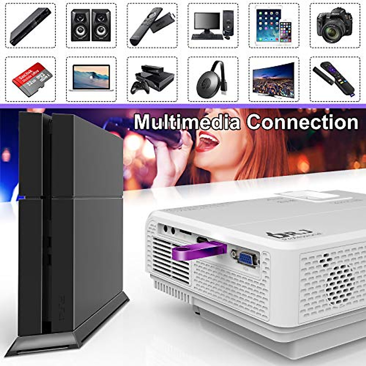 DRJ 6500Lumens Mini Projector, Full HD 1080P Supported Portable Projector for Outdoor Movies, Compatible with TV Stick, HDMI, VGA, USB, TF, AV, Sound Bar, Video Games [2021 Latest Upgrade], P68