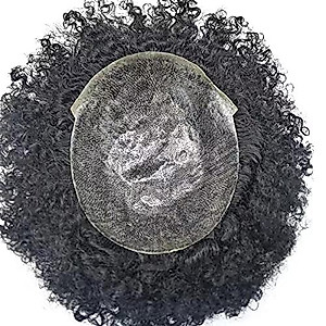 CURVE HAIR afro Toupee For Black Men African American Afro Hair Systems Full Poly THIN SKIN Hair Units Black Men Brazilian Human Hair Male ALL PU Hair Replacement with weaves(8"X10", #1Jet Black-12mm Afro Wave Curl)