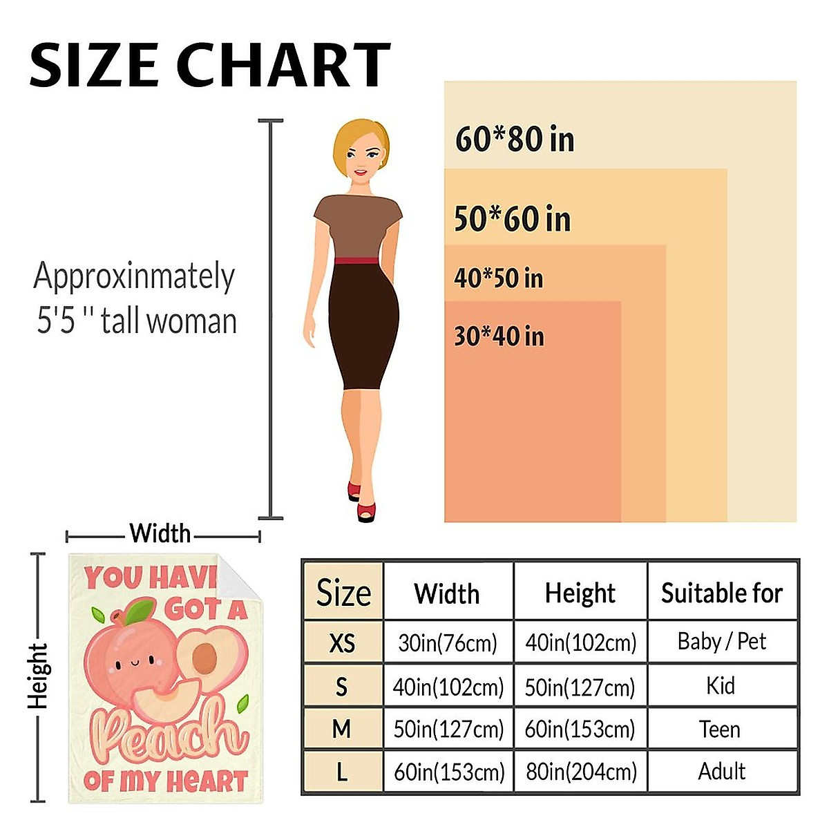 Peach Blanket for Girls - 40x50 Inches Flannel Blankets - Soft Fuzzy Plush Throws Gift - Pink Funny Throw Blanket for Couch, Sofa